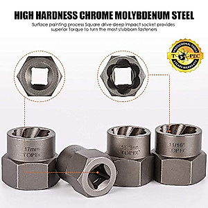 Topec 18-Piece Stripped Nut Remover, 3/8” Drive Impact Extractor Set, Damaged Bolt Nut Remover with Hex Adapter, Perfect Tool Kit for Removing Stripped, Damaged, Rounded off and Rusted Bolts & Nuts