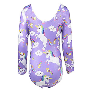 TENVDA Gymnastics Leotards for Girls with Dance Shorts 6-7 Years Old Purple Sparkly Unicorn Printed USA Kids Long Sleeve One-Piece Athletic Bodysuit Tumbling Outfit