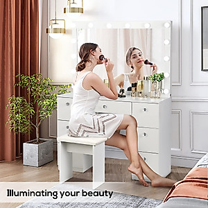 SMOOL Vanity with Lighted Mirror, Makeup Vanity Desk with Power Outlet and LED Bulbs, 3 Color Lighting Modes Adjustable Brightness, 7 Drawers Vanity Table with Cushioned Stool for Women Girls, 44'' L