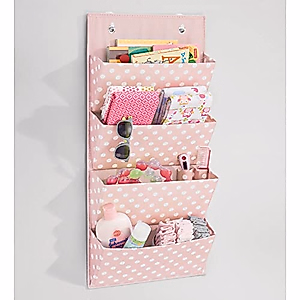 mDesign Soft Fabric Wall Mount/Over Door Vertical Hanging Storage Organizer Center - 4 Large Pockets for Baby Child/Kids Bedroom, Nursery, Playroom, Closet - Pink/White Polka Dot
