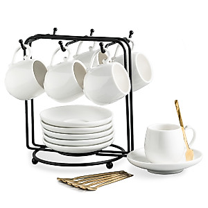 LYEOBOH Espresso Cups with Saucers Set, 3 Ounces Coffee Cups with Metal Stand and Spoons, Ceramic Cappuccino Coffee Cups Demitasse Cups for Espresso, Latte, Cafe Mocha and Tea, Set of 6, White