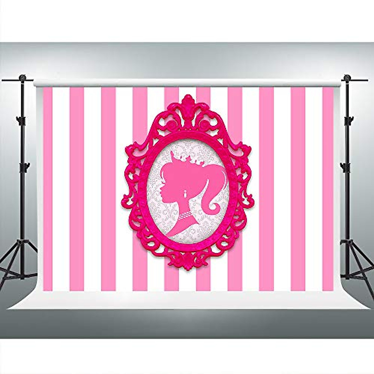 VIDMOT Pink White Stripes Backdrop Doll Head Photo Frame Glamour Girl Photography Background Christmas Party Decor 7x5ft Pink Party Backdrop Photo Booth Banner for Cake Table Supplies LSVV1009