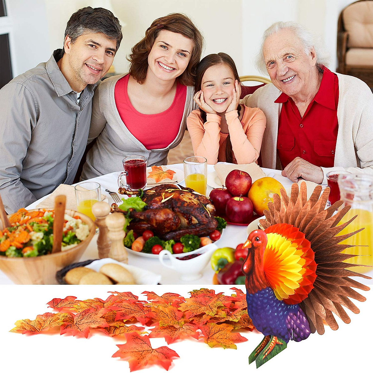 FEPITO Give Thanks Banner with Paper Colorful Turkey Pumpkin Artificial Maple Leaves Decoration Kit Total 203 PCS for Autumn Fall Party Thanksgiving Day Party Supplies Decorations