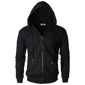 Ohoo Men's Zip Up Hoodie Lightweight Slim Fit Sweatshirt Full Zip Solid Color Hooded Jacket / DCF102-BLACK-S