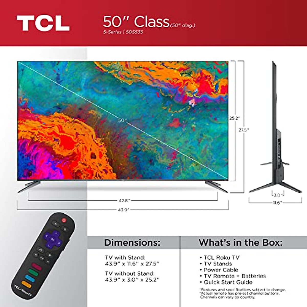 TCL 50-inch 5-Series 4K UHD Dolby Vision HDR QLED Roku Smart TV - 50S535, 2021 Model , Black