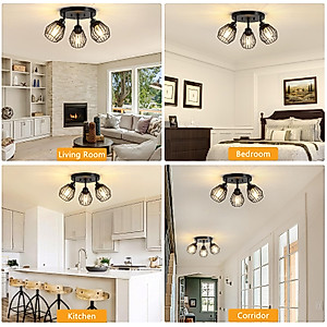 Baocuz 3-Light Kitchen Light Fixtures Ceiling Mount, Adjustable Multi-Directional Ceiling Fixture, Farmhouse Black Metal Cage Flush Mount Ceiling Light Fixtures for Hallway Dining Room Entryway