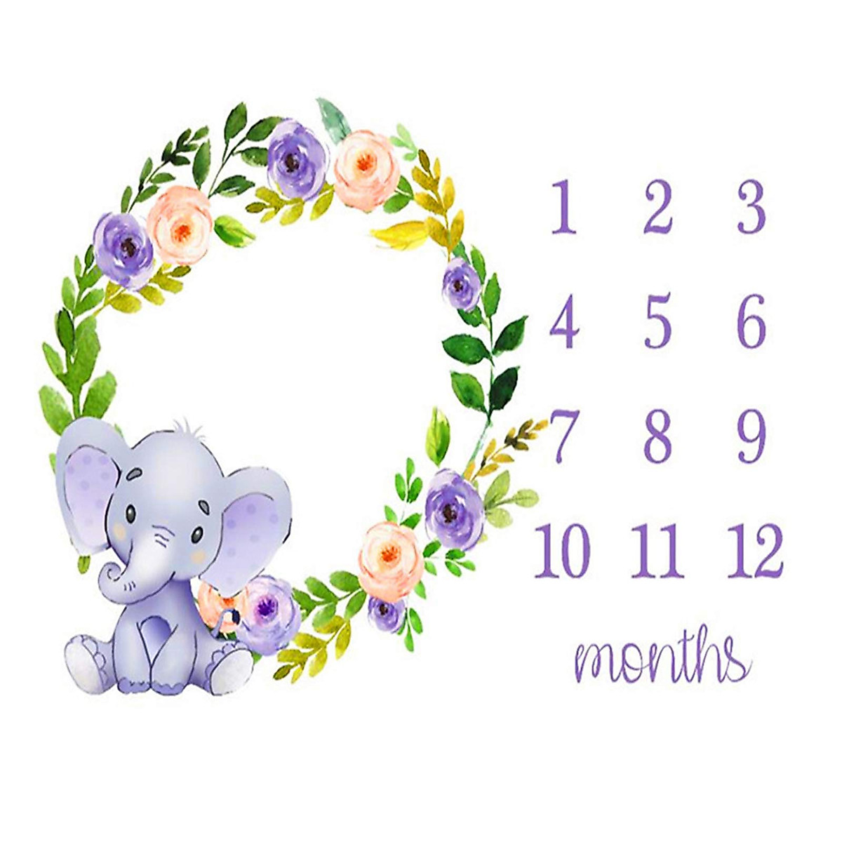 Baby Monthly Milestone Blanket Newborn Girls Purple Flower Elephant Photo Props Shoots Backdrop Personalized Photography Growing Infants Toddlers Swaddle Blanket Includes Wreath Frame