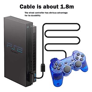 JINHOABF 2 Pack PS2 Wired Controller,Double Shock Gamepad Compatible with Playstation 2 Console (Clear Red and Clear Blue)
