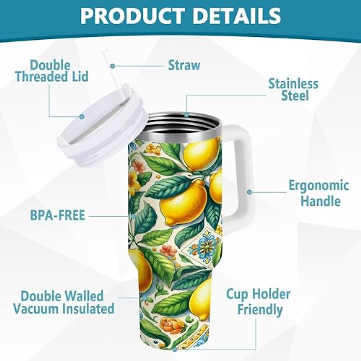 Jihqo Ceramic Tile Lemon Leaves 40 oz Stainless Steel Vacuum Insulated Tumbler with Handle and Straw Lid, Leakproof Water Bottle Double Wall Travel Mug Coffee Cup, Cupholder Friendly