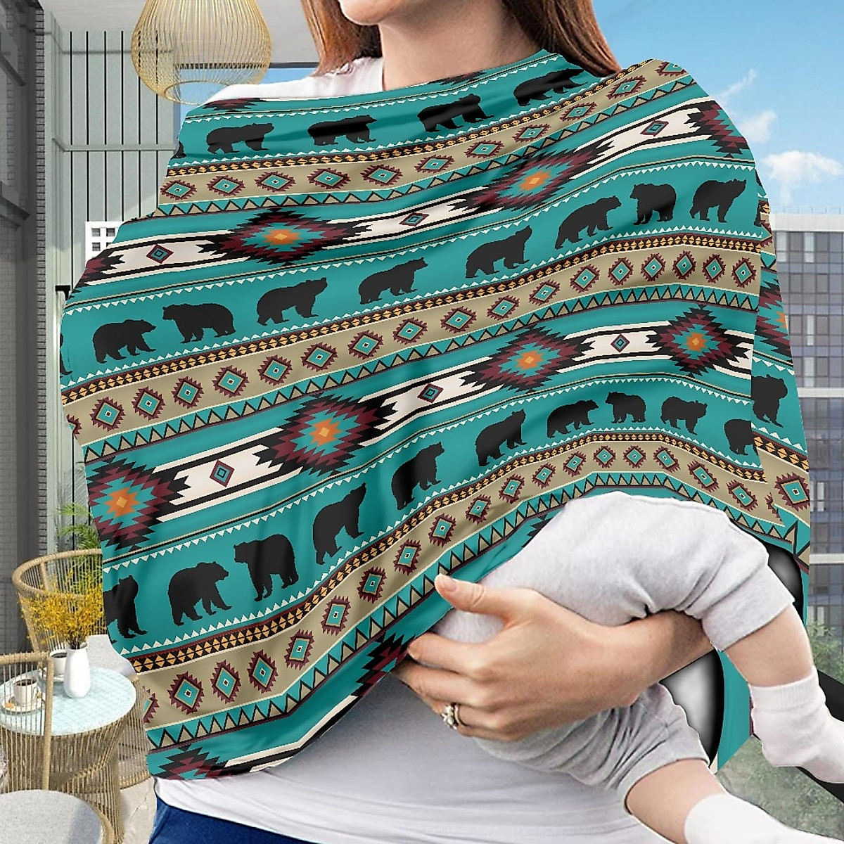 AFPANQZ Aztec Horses Retro Nursing Cover Breastfeeding Scarf Baby Car Seat Covers for Boys Girls Infant Carseat Canopy Stretchy Soft Breathable Cover Up for Stroller High Chair Turquoise Green