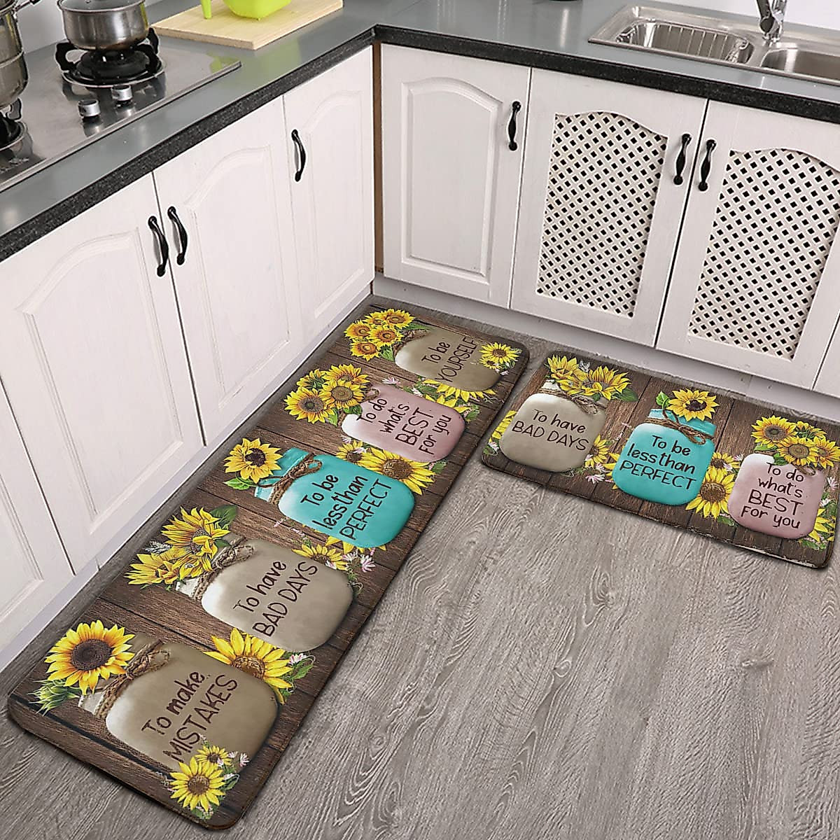 Sunflower Kitchen rugs set of 2 Anti Fatigue Comfort Mat Ergonomically Engineered Flannel You are my sunshine Soft Kitchen mat for floor Waterproof Non-Skid for Kitchen Sink Laundry 17"x47"+17"x24"