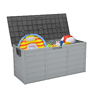 Kcelarec Plastic Deck Storage Container Box Outdoor Patio Furniture 75 Gal, Pools Yard Storage Tools w/Built-In Wheel (Grey)