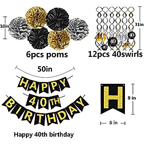 Famoby Gold Glittery Happy 40th Birthday Banner,Poms,Sparkling 40 Hanging Swirls Kit for 40th Birthday Party 40th Anniversary Decorations