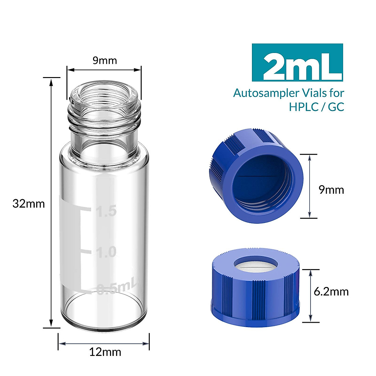 Membrane Solutions Autosampler Vials, 2ml HPLC Vials, 9-425 Lab Clear Vials with Write-on Spot and Graduations, 9mm Blue ABS Screw Caps & Septa for GC Sample Vials, 100 Pcs
