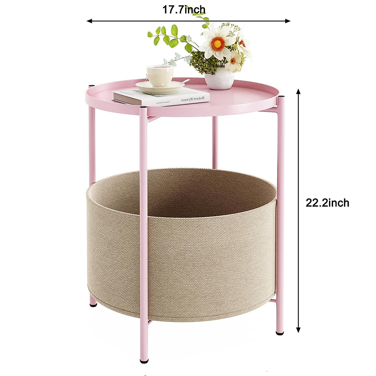 Fixwal Round Side Table, Bedside Table, Pink Nightstand, Metal Side Table with Fabric Storage Basket, Small End Table with Removable Tray, Dresser for Kids Bedroom, Nursery, Laundry