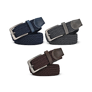 GALLERY SEVEN Woven Elastic Braided Belt For Men - Fabric Stretch Casual Belt- 3 Pack - Gray/Brown/Navy - Small (32-36")