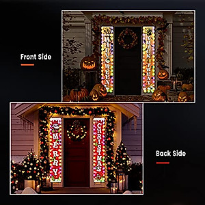 Christmas Decorations Reversible Christmas Banner with String Lights,Merry Christmas Banner Porch Sign,Christmas Banners for Outside Xmas Outdoor Decor Front Door Yard Garage（Battery Not Included）