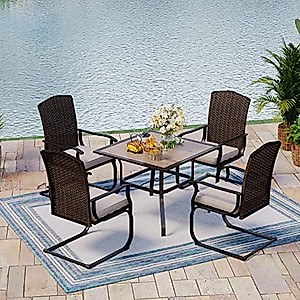 MIXPATIO Outdoor Patio Dining Set 5 Pcs, Patio Furniture Set, Metal Square Dining Table and Cushioned Wicker Rattan C-Spring Motion Chairs for Patio, Deck, Yards, Poolside