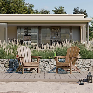 Ciokea Folding Adirondack Chair Wood Texture, Patio Adirondack Chair Weather Resistant, Plastic Fire Pit Chair with Cup Holder, Lawn Chair for Outdoor Porch Garden Backyard Deck (Teak)