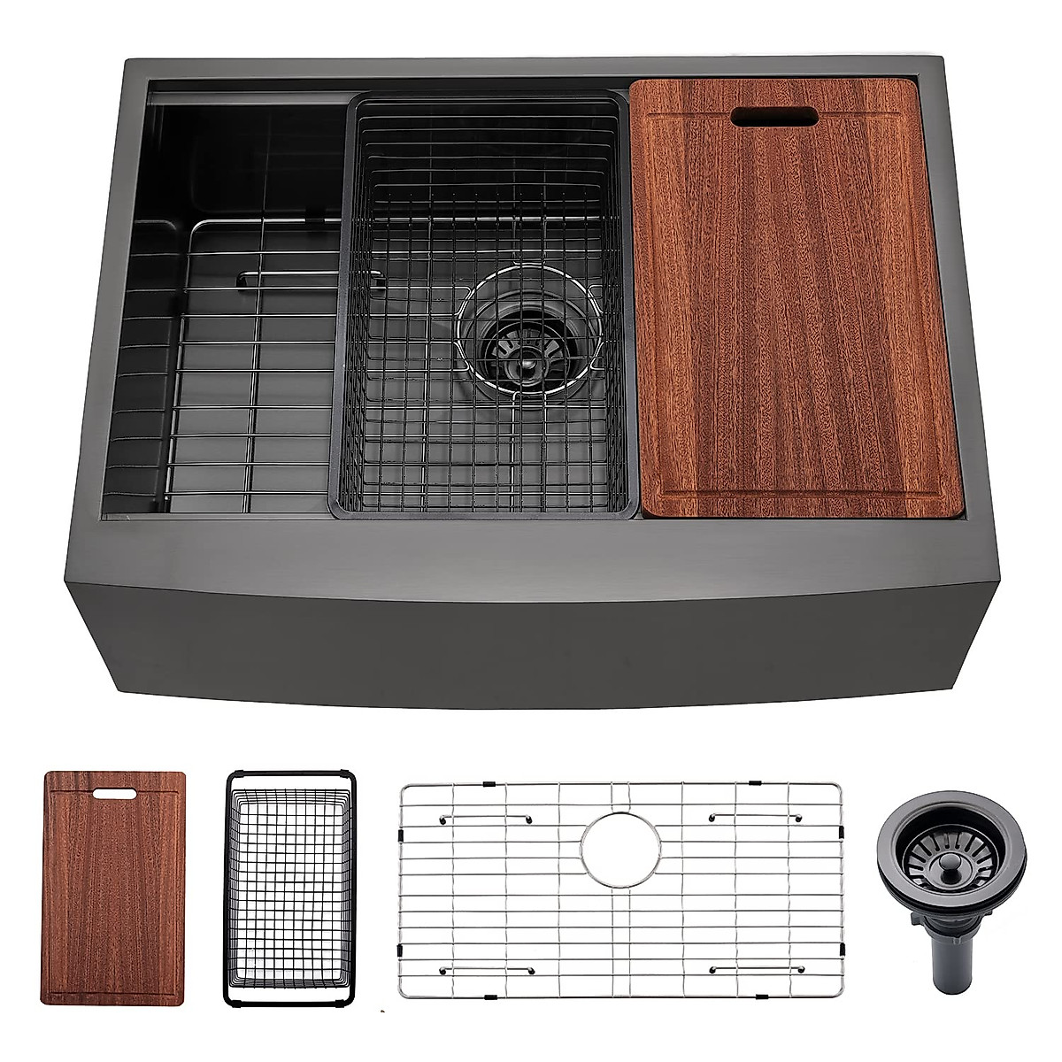 30 Inch Black Undermount Farmhouse Kitchen Sink, 30 x 22 x 10 Inch Farm Workstation Kitchen Sink 16 Gauge Stainless Steel Apron Front Black Kitchen Sink with Accessories