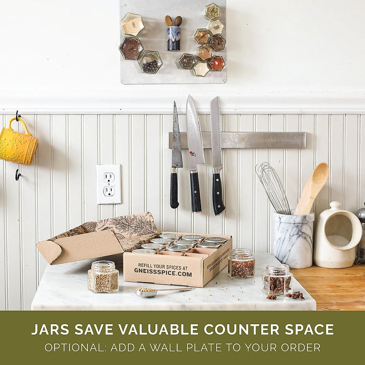 Gneiss Spice Magnetic Spice Jars | Create a Hanging Spice Rack on Your Fridge | Includes Large Empty Glass Jars, Magnetic Metal Lids and Spice Labels