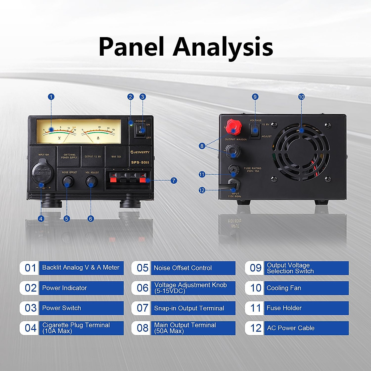Universal Compact Bench Power Supply- 50 Amp Regulated Home Lab Benchtop AC-to-DC Converter 13.8 Volt/9-15Volt, Cooling Fan, Screw Type Terminals - Jesverty SPS-50II
