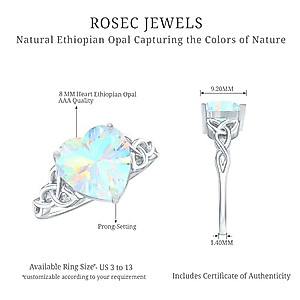 Rosec Jewels Certified Opal 8mm Heart Shaped Engagement Ring for Women, AAA Quality, Natural Opal Celtic Knot Ring (Ready to Gift), 14K White Gold, Size:US 6.00