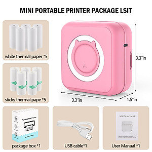 HUIJUTCHEN Inkless Mini Thermal Pocket Printer, Wireless Mini Sticker Printer with 10 Rolls Thermal Paper for iOS&Android, Portable Mini Photo Printer for Notes Journal Memo Photo Study, Pink