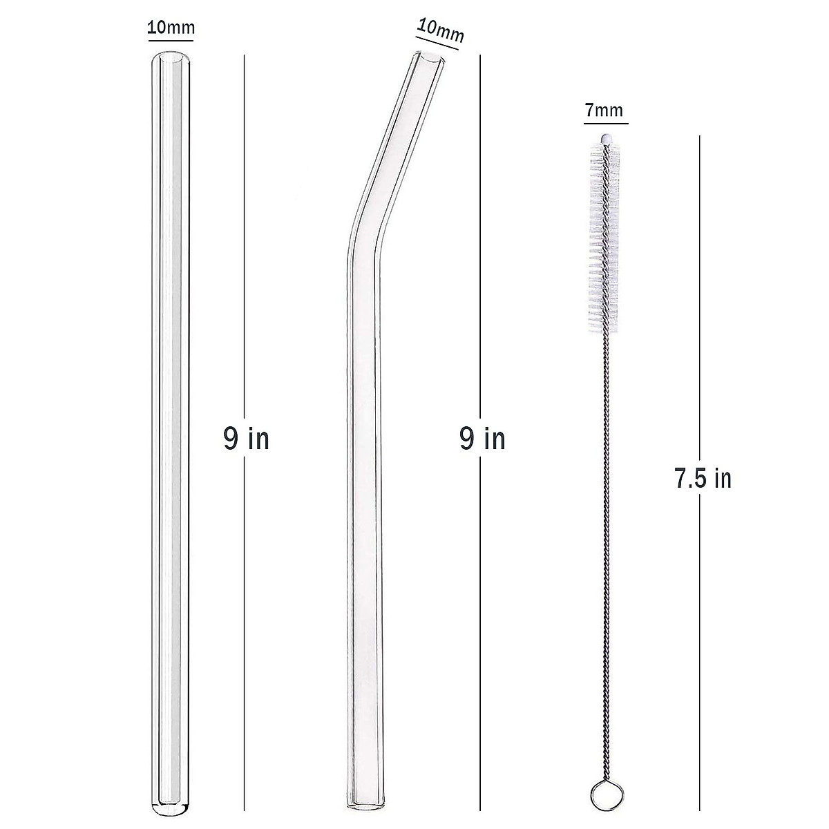 ALINK Clear Glass Straws, 9 in X 10 mm Reusable Straight & Bent Smoothie Straws, Set of 4 with Cleaning Brush