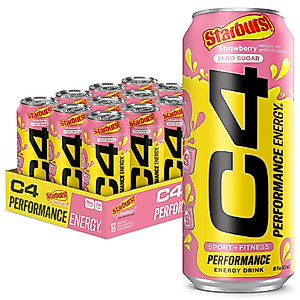 Cellucor C4 Energy Drink, STARBURST Strawberry, Carbonated Sugar Free Pre Workout Performance Drink with no Artificial Colors or Dyes, Pack of 12