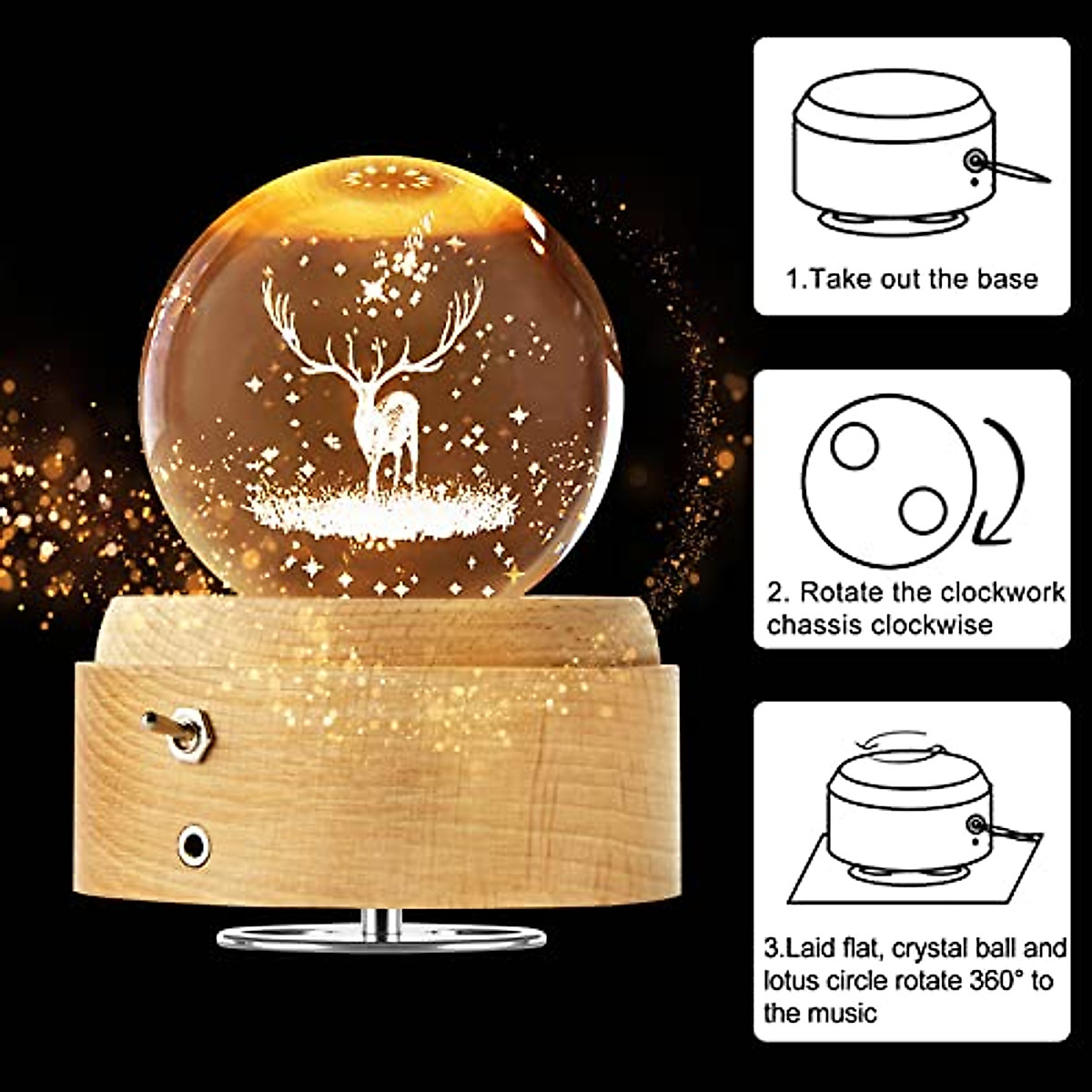 3D Crystal Ball Globe Deer Music Box with LED Night Light Lamp, Best Decor Gifts for Father Dad Husband Men Boyfriend Girlfriend Mom Women Wife Daughter Kids, Graduation Birthday Anniversary Wedding