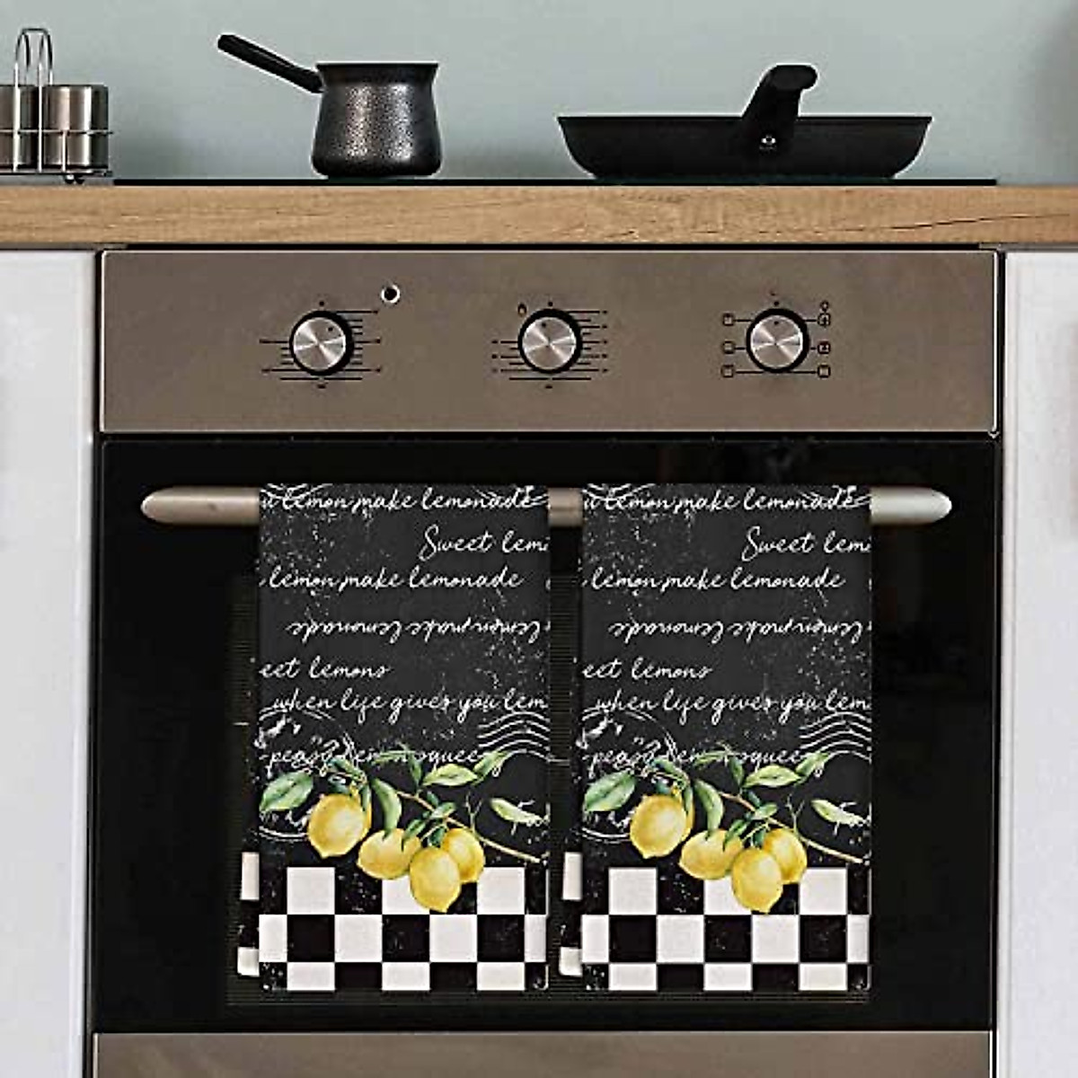 VDLBT Summer Kitchen Towels Yellow Lemon Dish Towels Dishcloth Fingertip Hand Towel Black White Plaid Soft Tea Towel Set of 2