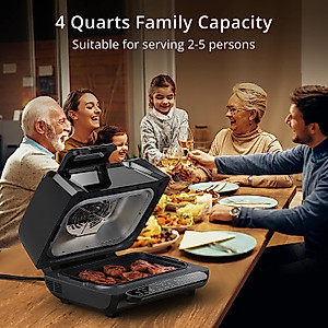 Indoor Grill Air Fryer Combo Smokeless, Fast Heating, and 7-in-1 Functionality with See-Through Window, Non-Stick Removable Plates,Electric Grill up to 450°F Even Heat, Silicon Tongs, 4Qt, 1750W