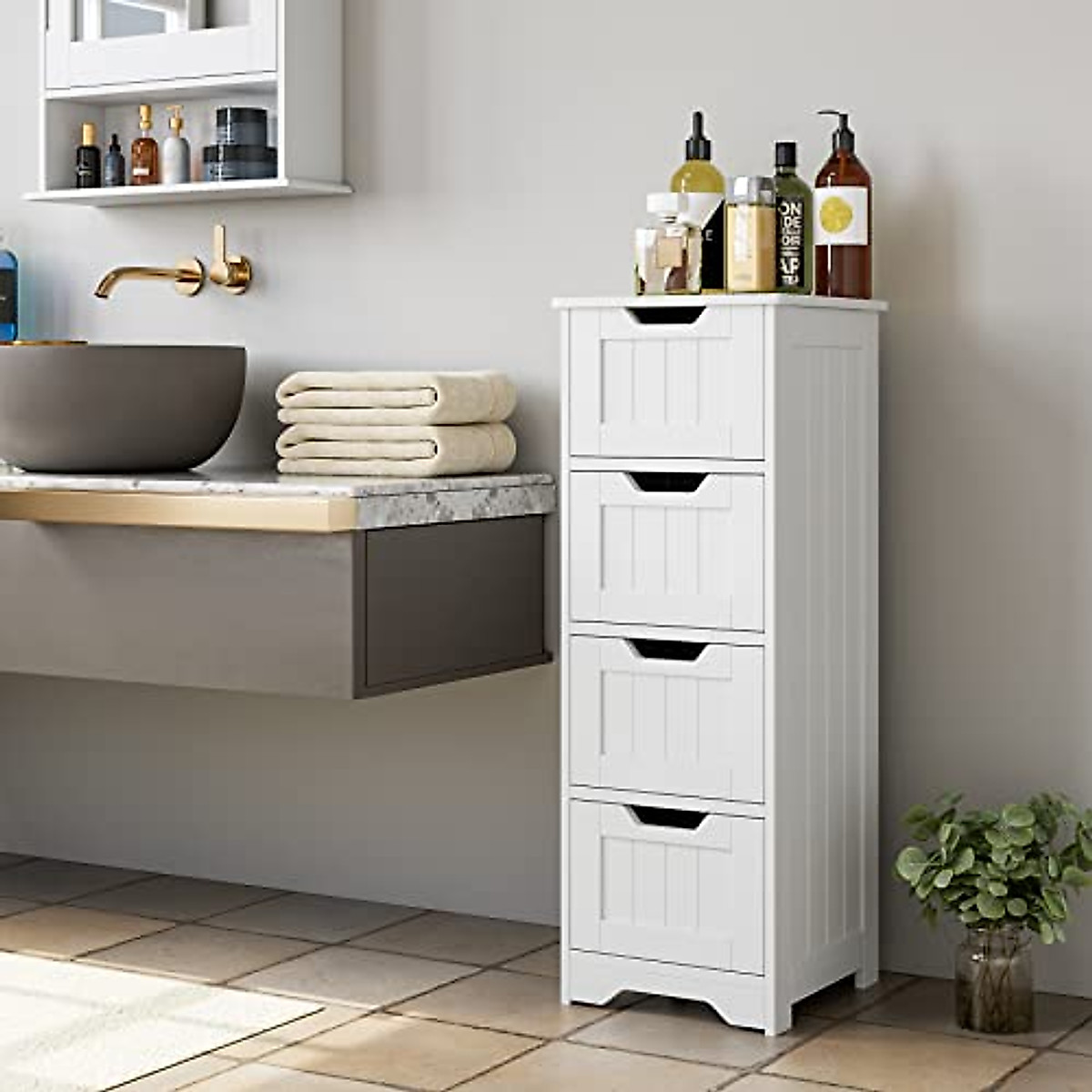 FOTOSOK Bathroom Storage Cabinet, Side Cabinet with 4 Drawers, 11.8” x 11.8” x 32.5” Freestanding Bedside Table Entryway Cupboard Storage Organizer Unit Home Furniture Decor, White
