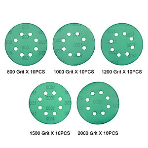 5 Inch Sanding Discs 50Pack 8 Hole Hook and Loop 800/1000/1200/1500/2000 Assorted Fine Grit Wet Dry Green 5” Sanding Disc for Random Orbital Sander Wood Metal Car Plastic Polishing and Finishing