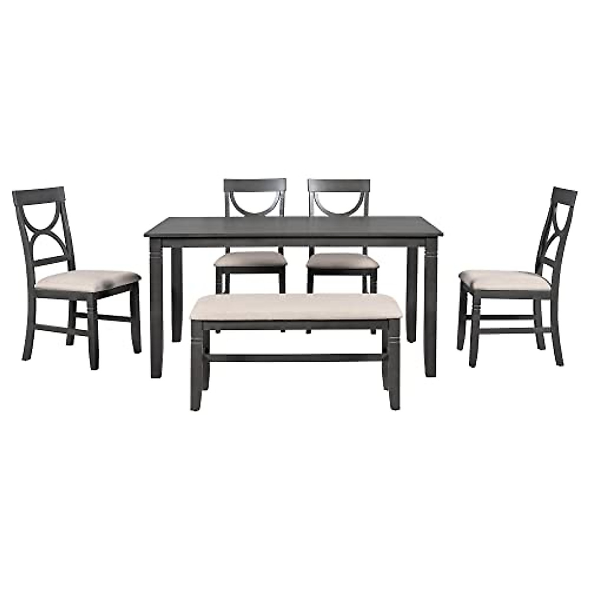WOZNLA Room 6-Piece Farmhouse Dining Set | Rustic Wood Table with Cushioned Chairs, Bench, and Sturdy Base | Family-Friendly Kitchen Furniture | Comfortable Seating for Memorable Meals, Gray