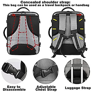 Carry on Travel Backpack, 40L-50L Airplane Flight Approved Backpack for Women Men, Extra Large Expandable Water Resistant Luggage Backpack Daypack Perfect Fit for 17 17.3 18 18.4 Inch Laptop, Grey