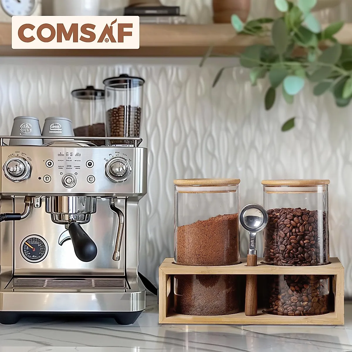 ComSaf Glass Coffee Container with Shelf, 2PCS Coffee Bean Storage Jars, 44 OZ Coffee Canister with Scoop, Glass Canister with Airtight Lid for Kitchen Coffee Station Organizer for Coffee, Sugar, Tea