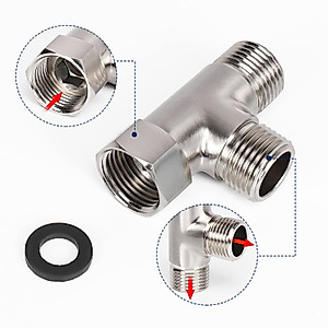 NearMoon Solid Brass G1/2" 3 Way Diverter Valve - Hose Fitting Tee, T Shape Adapter Connector for Angle Valve Hose, Bath Shower Arm, and Toilet Bidet Sprayer Faucet (Brushed Nickel)