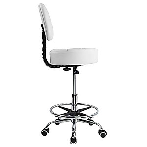 KKTONER Swivel Round Rolling Stool PU Leather with Adjustable Foot Rest Height Adjustable Task Work Drafting Chair with Back(White)