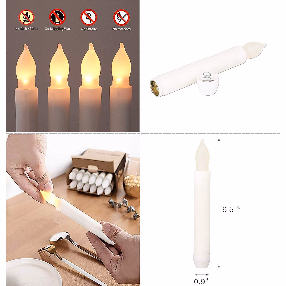 Houdlee Set of 24 Warm White Battery Operated Taper Candles Wax Dipped LED Flicker Amber Realistic Long Taper Candles for Birthday Wedding Party Décor Long Lasting -Batteries Not Included
