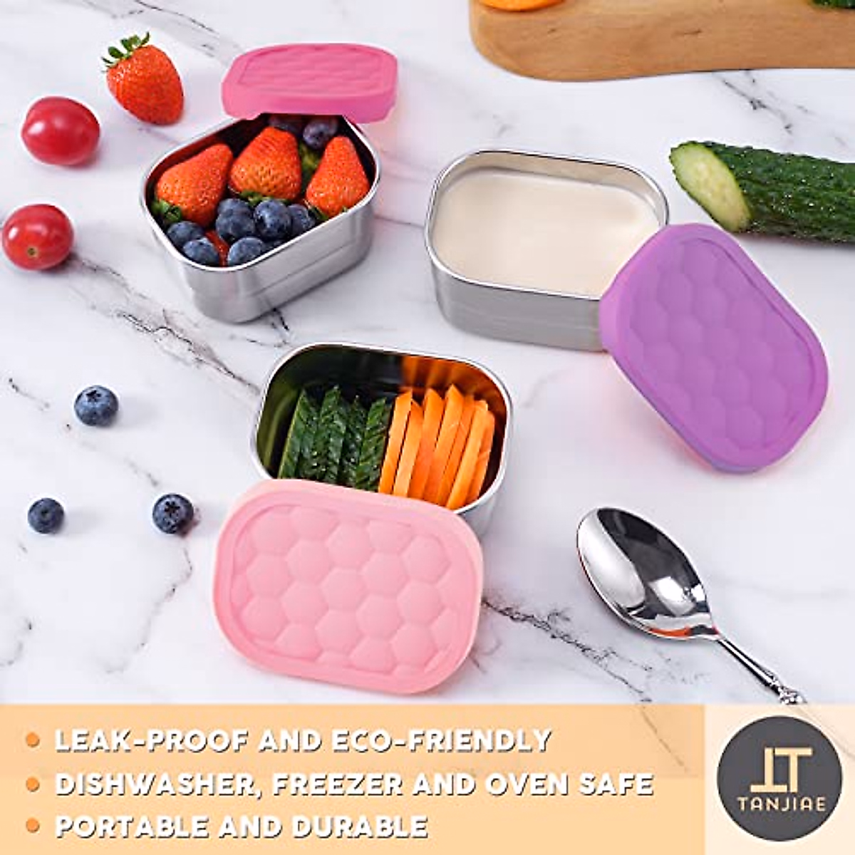 Tanjiae Stainless Steel Snack Containers for Kids | Easy Open Leak Proof Small Food Containers with Silicone Lids - Perfect Metal Toddler Lunch Box for Daycare and School (8oz)