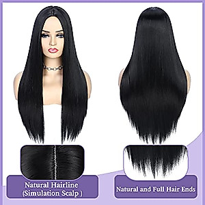 Quantum Love Wigs Long Natural Straight Middle Part Natural Black Color Wig Heat Resistant Realistic Synthetic Daily Party Wig for Women