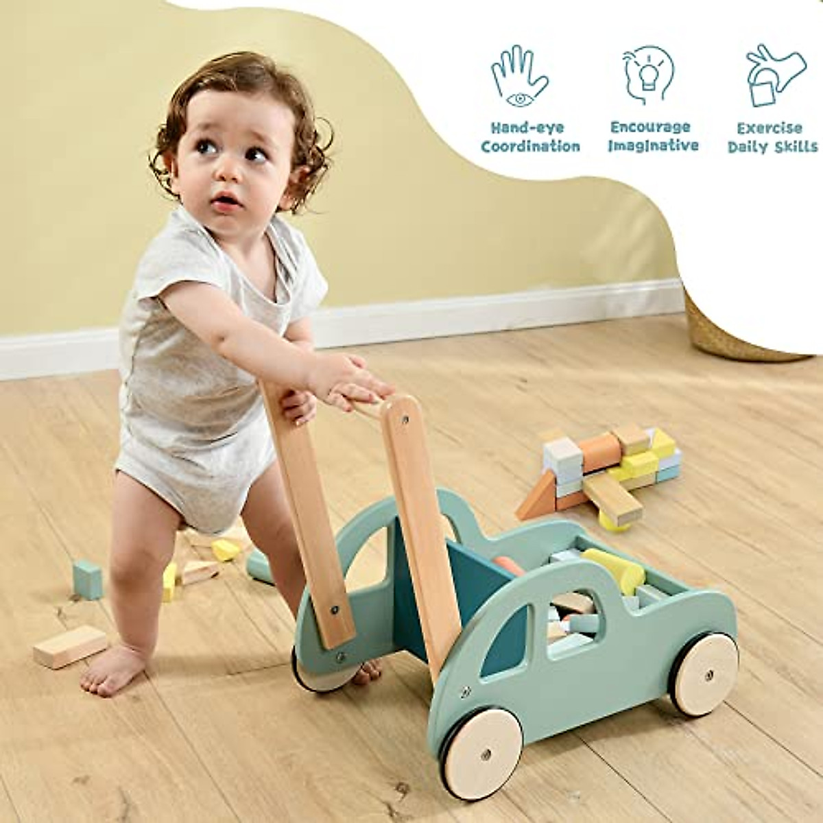 labebe Kids Push and Pull Activity Walker Wooden Baby Walker Toy for Boys/Girls with 54 Wooden Blocks, Toddler Sit to Stand Walking Wagon 12M+