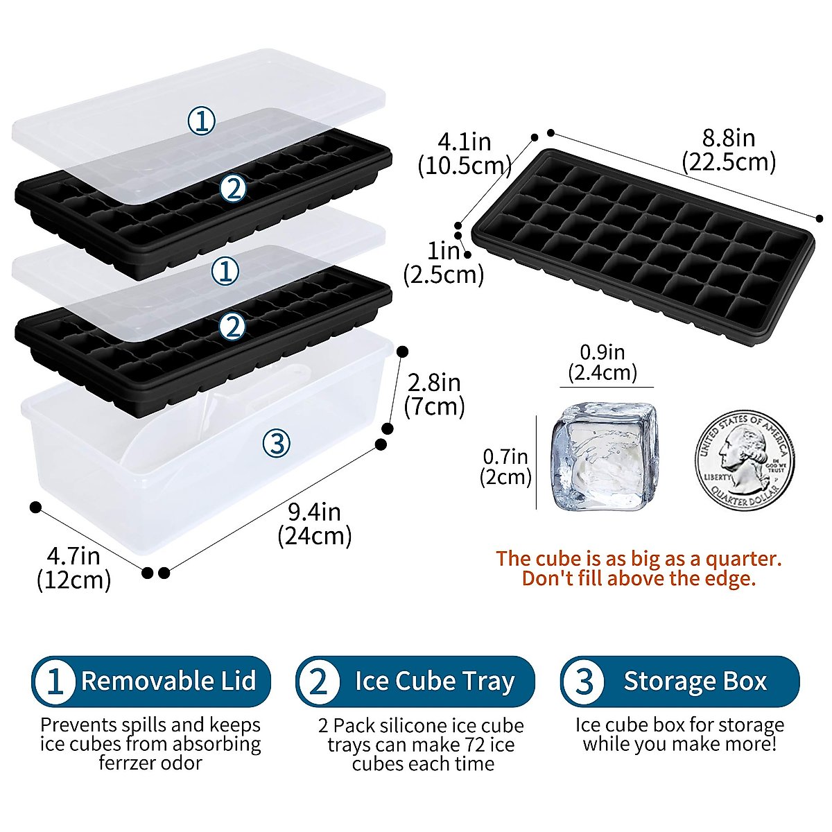 Food-grade Silicone Ice Cube Tray with Lid and Storage Bin for Freezer, Easy-Release 2 * 36 Small Nugget Ice Trays 1 ice Bucket & Scoop, Flexible Ice Cube Molds with Ice Container