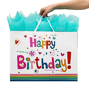 Qirrmiy 16.5” Extra Large Gift Bag Set with Greeting Card and Green Tissue Paper(Cute ‘Happy Birthday’) for Baby Shower,Kids Birthday Party,Men and Women, Newborn,New Moms or Parents, and More