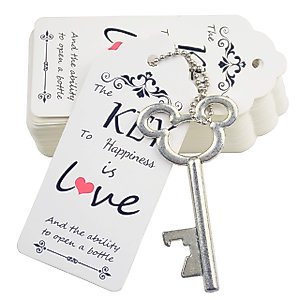 Aokbean 52pcs Vintage Skeleton Key Bottle Opener Party Favor Wedding Favor Guest Souvenir Gift Set with Escort Thank You Tag Card and Keychain (Antique Silver)