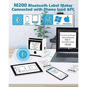 Memoqueen Label Maker Machine with 3 Roll Labels M200 Portable Label Makers, Upgrade 3 Inch Bluetooth Thermal Barcode Label Printer for Small Business/Home Use, for Retail, Logo, Labeling, Name, White
