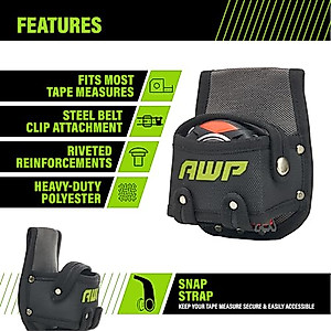 AWP Tape Measure Pouch with Metal Belt Clip and Tunnel Loop, Tool Belt Accessory
