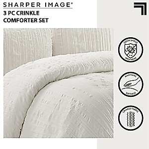 SHARPER IMAGE All Season Down Alternative Crinkle 3 Piece Comforter and Sham Set -Made with Recycled Fibers, King, White